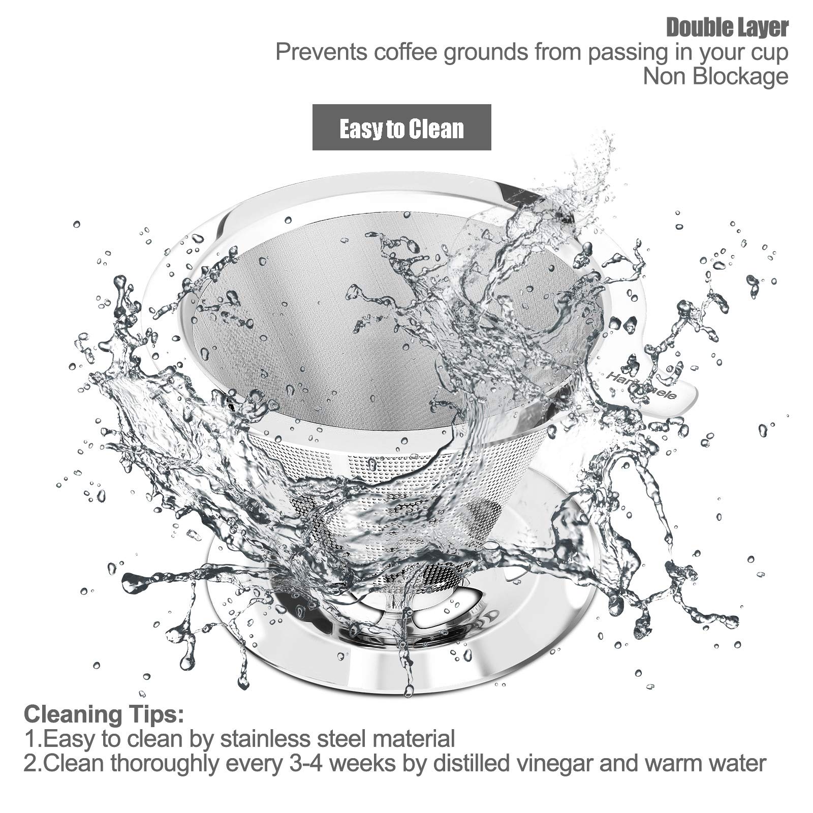 Hanlomele Pour Over Coffee Dripper, Paperless Reusable Coffee Filter, Pour Over Coffee Maker for Single Cup Brew, Double Mesh Design of Stainless Steel Cone Filter for Perfect Extraction (1-4 Cup)