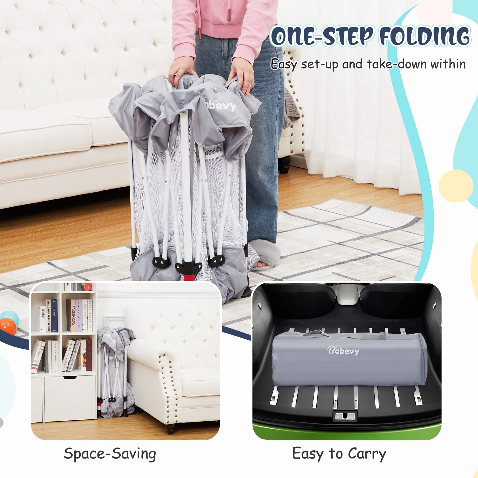 Babevy Foldable Baby Playpen Portable Baby Fence Play Yard for Babies and Toddlers with Gate, Indoor & Outdoor (Grey)