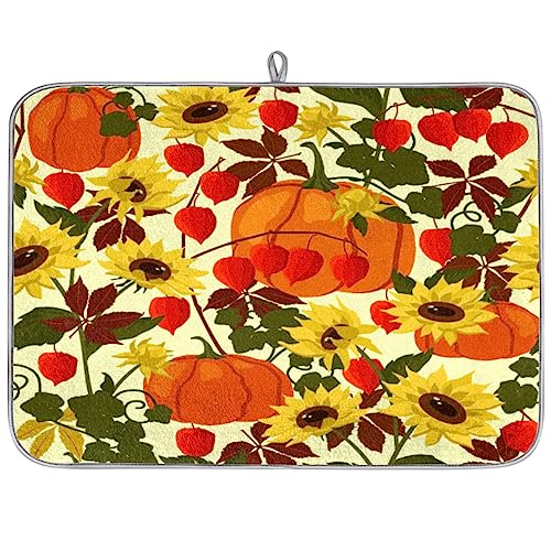 Dish Drying Mat for Kitchen Counter 16x18 Drying Rack Pad Absorbent Microfiber Reversible Kitchen Accessories Fall Pumpkin Sunflower