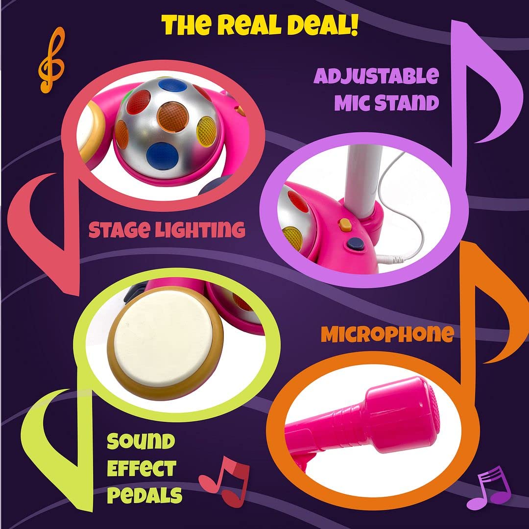 Kids Microphone with Stand, Sing Along Kids Karaoke Machine, Musical Singing Toy, Microphone for Kids with Flashing Stage Lights and Pedals for Fun Sound Effects by First Note USA, Blue