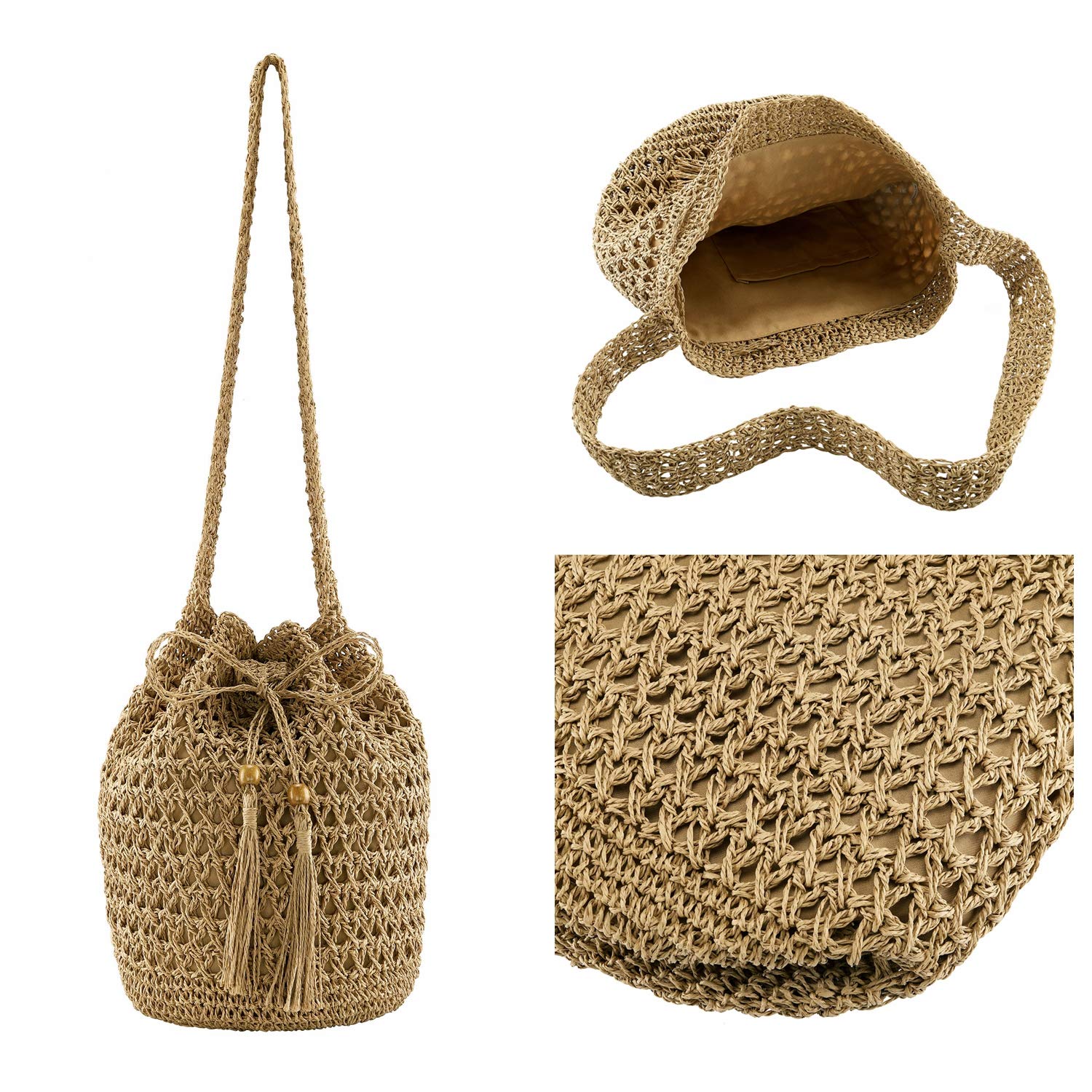 Ayliss Women Beach Handbag Straw Crossbody Shoulder Handbag Summer Beach Handmade Woven Bucket Bag Drawstring with Tassel (Khaki)