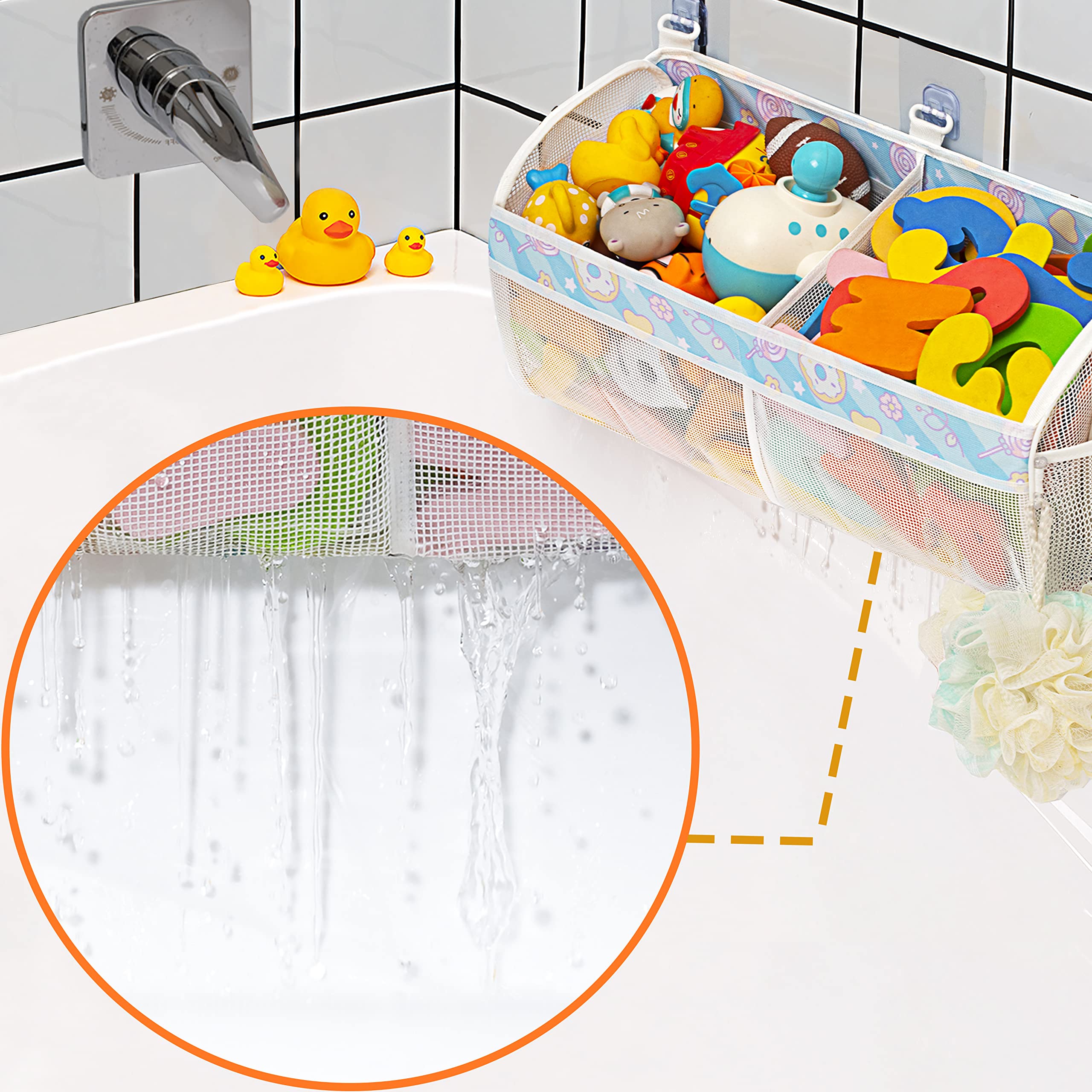 Austion Mesh Bath Toy Storage for Tub - Sorting Baby Toys Bath Tub Toy Holder - Extra Large Capacity Bath Toy Organizer with Large Openings, Quick-Drying and Breathable (Blue)