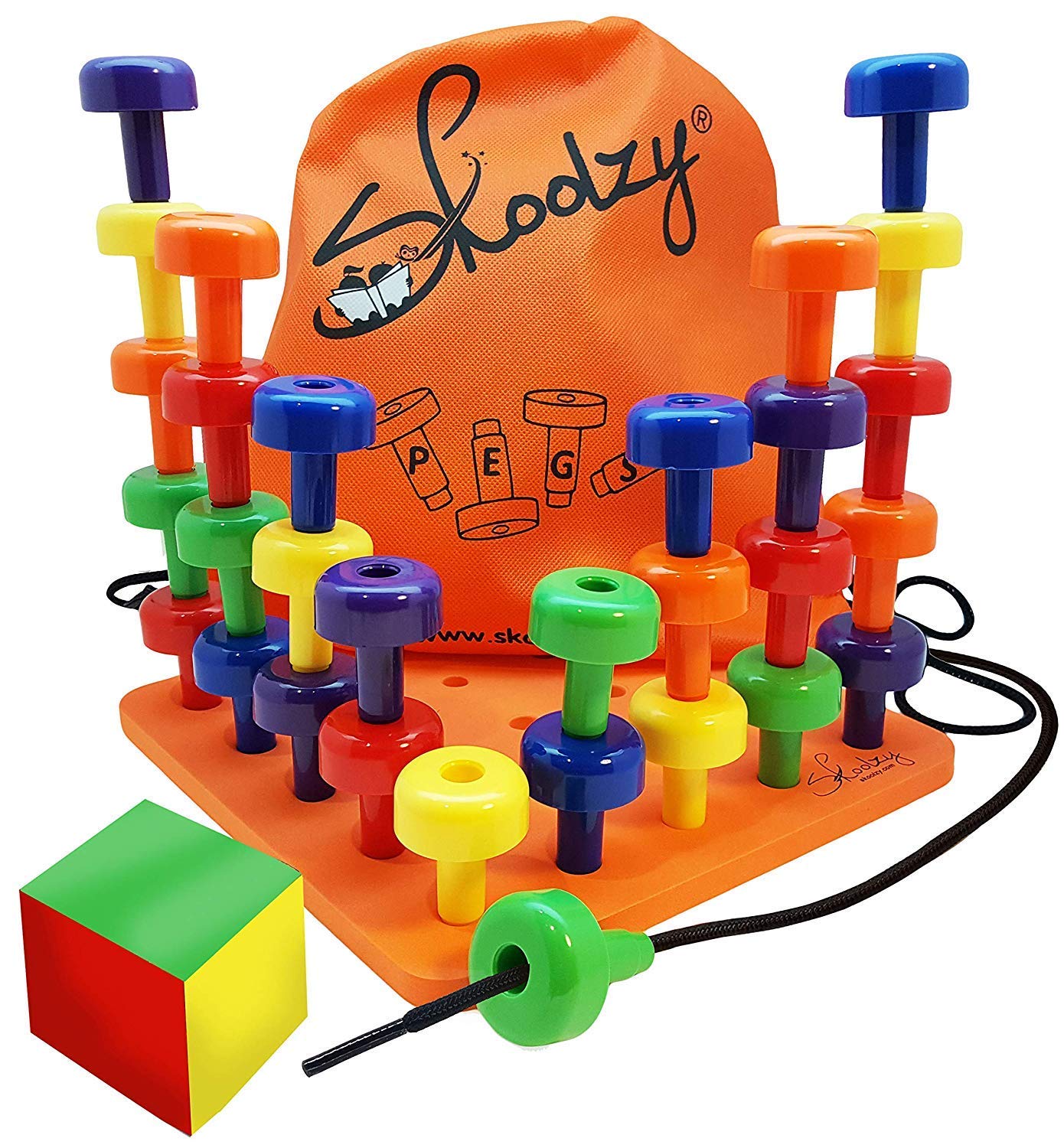 Skoolzy Montessori Sensory Peg Board 34 Piece Set - Develop Sensory Play Occupational Therapy STEM Learning Educational Toys for Kids 2+ - Includes Foam Board, Lacing String, Dice, Storage Bag, eBook