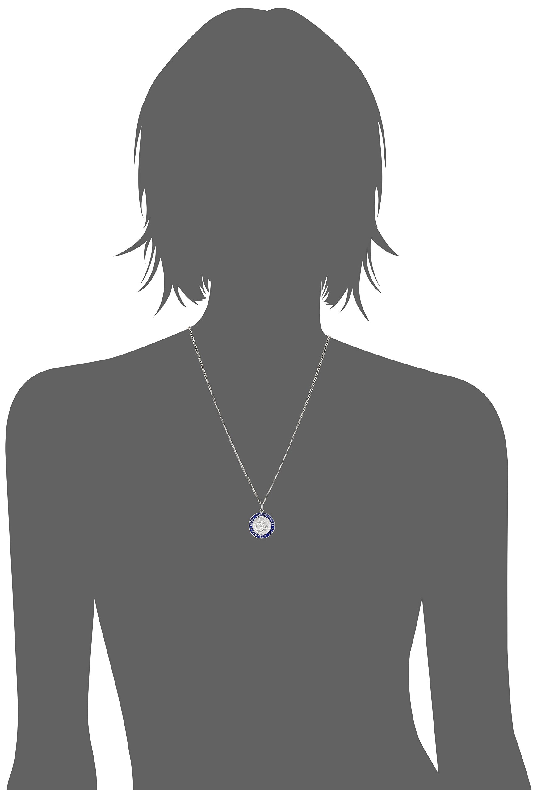 Amazon Collection women Sterling Silver Round Saint Christopher Medal Pendant Necklace with Blue Epoxy Edge and Rhodium Plated Stainless Steel Chain, 20"