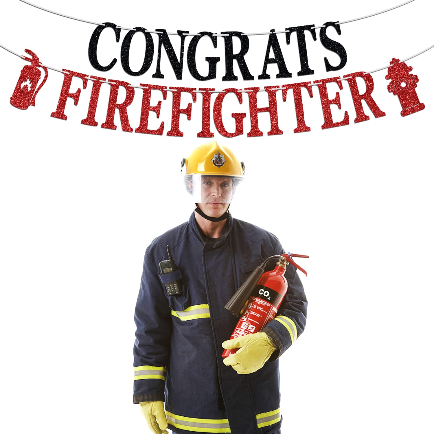 Congrats Firefighter Banner, Class of 2024/Congrats Grad, Fire Department Graduation Party Decoration Supplies for Fireman, Black and Red Glitter