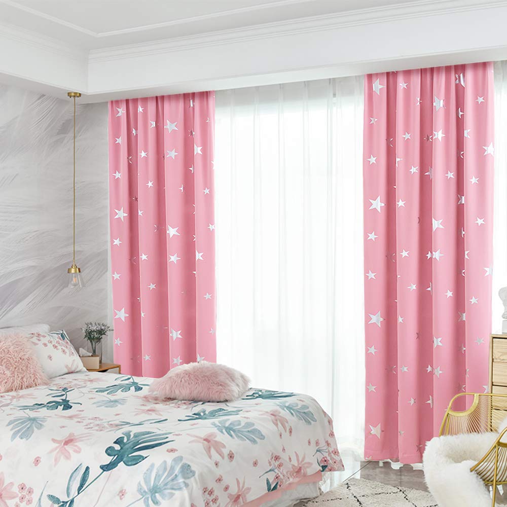 Anjee Kids Blackout Curtains for Girls Room with Foil Print Star Pattern Window Drapes for Bedroom, 38 x 45 Inches, Pink