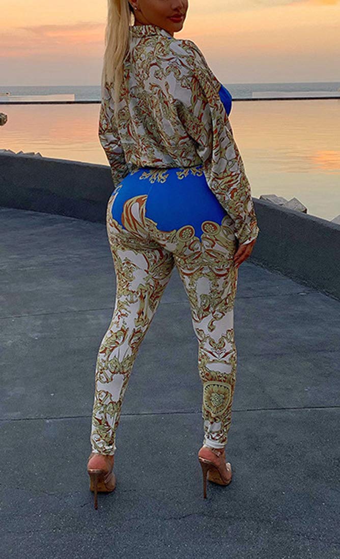 Aro Lora Womens Sexy Deep V Neck Long Sleeve Floral Print Two Piece Jumpsuit Outfit Bodysuit and Pant Set Small Blue