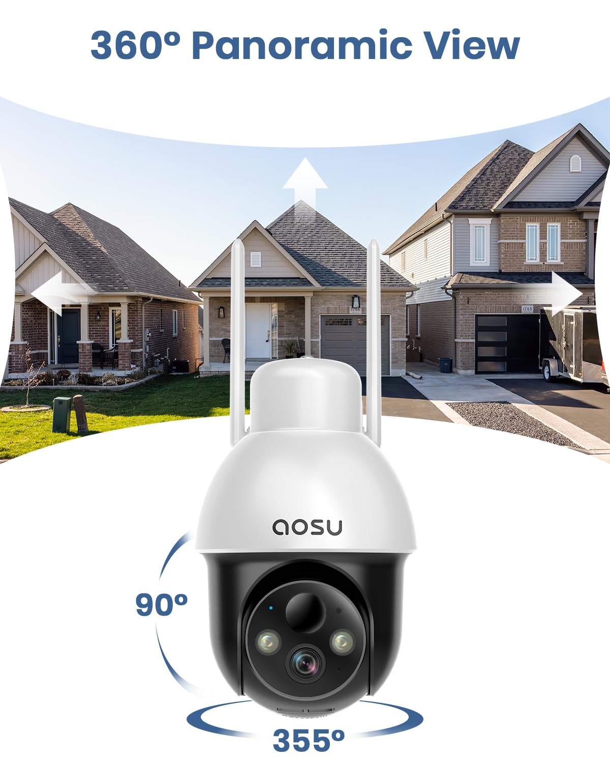 AOSU Solar Security Camera Wireless Outdoor with Panoramic PTZ, Human Auto Tracking, 2K Night Vision, Light and Sound Alarm, 2-Way Audio, Compatible with Alexa/Google Assistant
