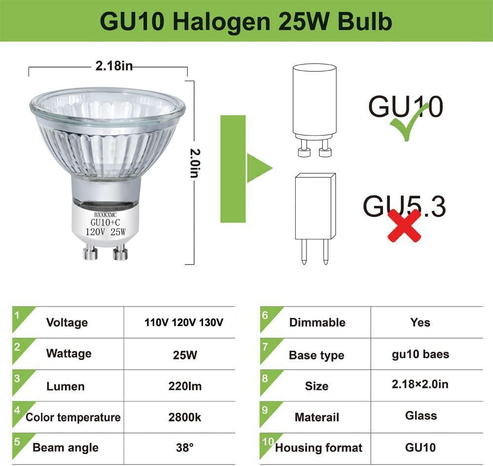 BXXKXMC GU10 Halogen Bulb 120v 25W Halogen Light Bulbs, 2800k Warm White gu10 Dimmable for Track Light Bulbs,Glass Cover for Range Hood Light Bulbsā¦
