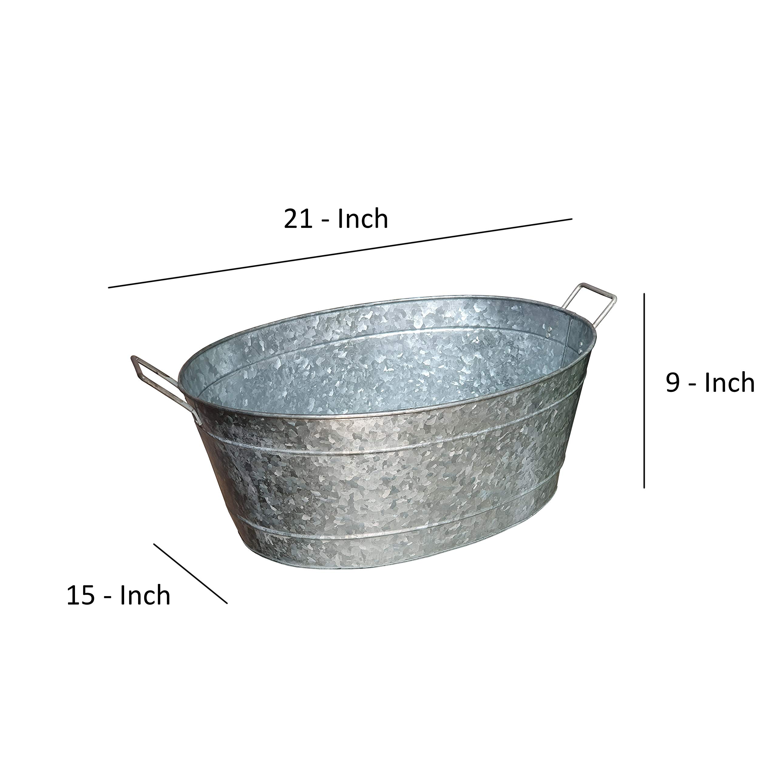 Benjara BM195212 9 x 15 x 21 in. Embossed Design Oval Shape Galvanized Steel Tub with Side Handles, Silver - Small
