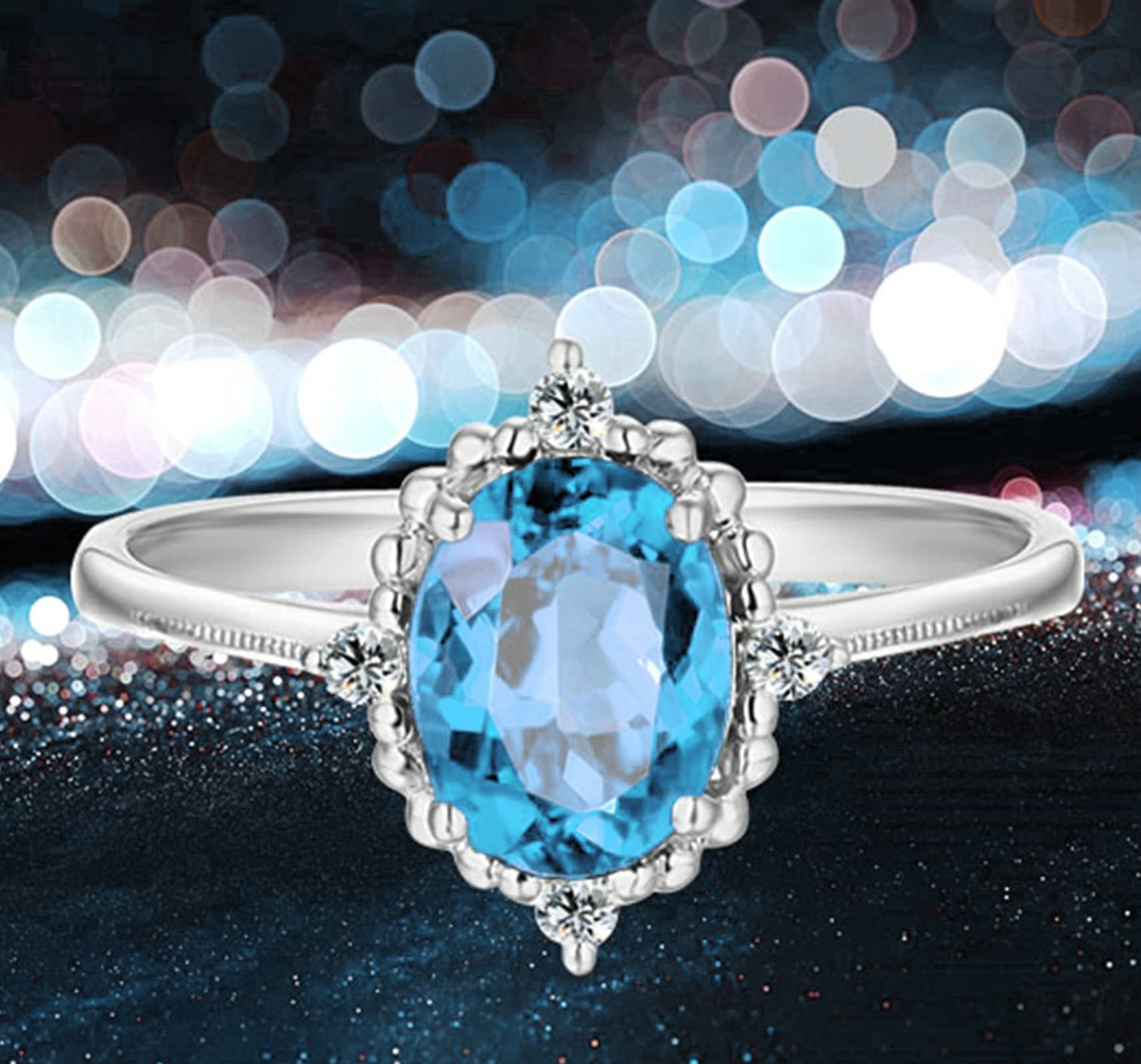 Ayoiow Rings Promise Silver 925 Light Blue Oval Zircon Band Valentine Gift Engagement Bands Ring for Her Size:8.5