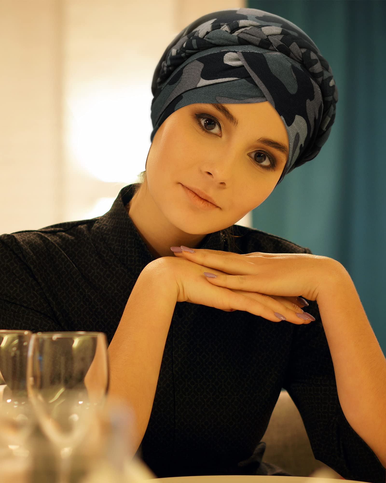 SATINIOR 4 Pieces African Women Turban Cap Head Wraps Beaded Headscarf Beanie Wrap (Camouflage Color,Camouflage Style)