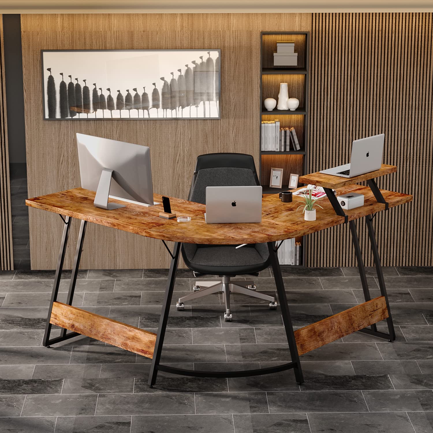 Devoko L Shaped Gaming Desk Computer Desk 51β Office Corner Desk with Monitor Stand Home Gaming Writing Study Table Workstation for Small Space (Rustic Brown)