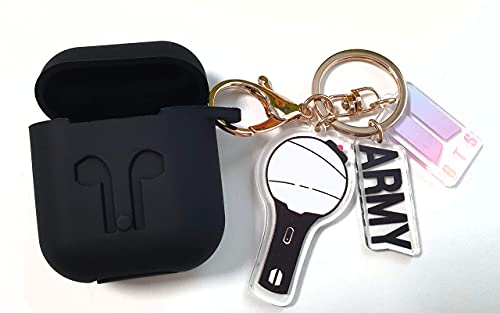 BT-S Airpods Case with Kpop Bangtan Boys Army Bomb Keychain, Protective Premium Silicone Cover Compatible with Apple Airpods (Black)