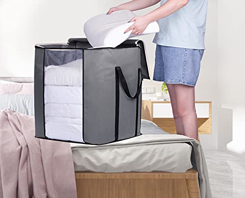 SLEEPING LAMB 120L Extra Large Blanket Storage Bags Breathable Clothes Storage Containers for King Comforter Bedding Pillow Sheet, Reinforced Handles, Grey