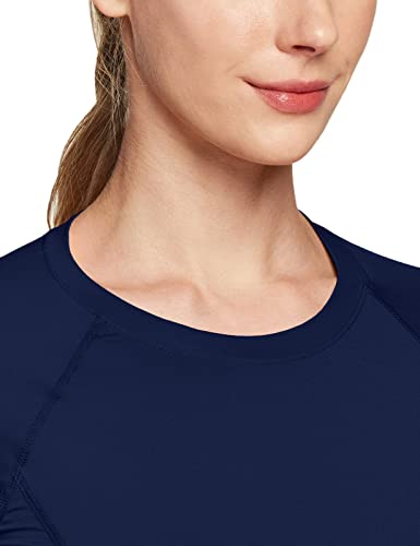 ATHLIO Women's Sports Compression Shirt, Cool Dry Fit Long Sleeve Workout Tops, Athletic Exercise Gym Yoga Shirts, 2pack White/Navy, Medium