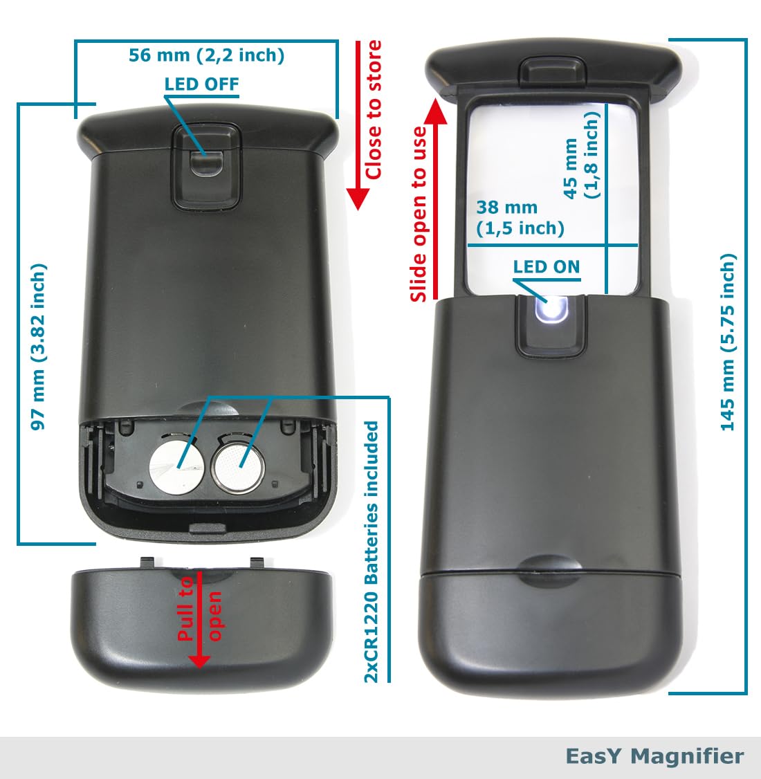 EasY Magnifier Small Pocket Magnifying Glass 3X with LED Light for Reading; Lighted Hand Held Coin Loupe; Mini Magnify Lens; Gifts for Seniors