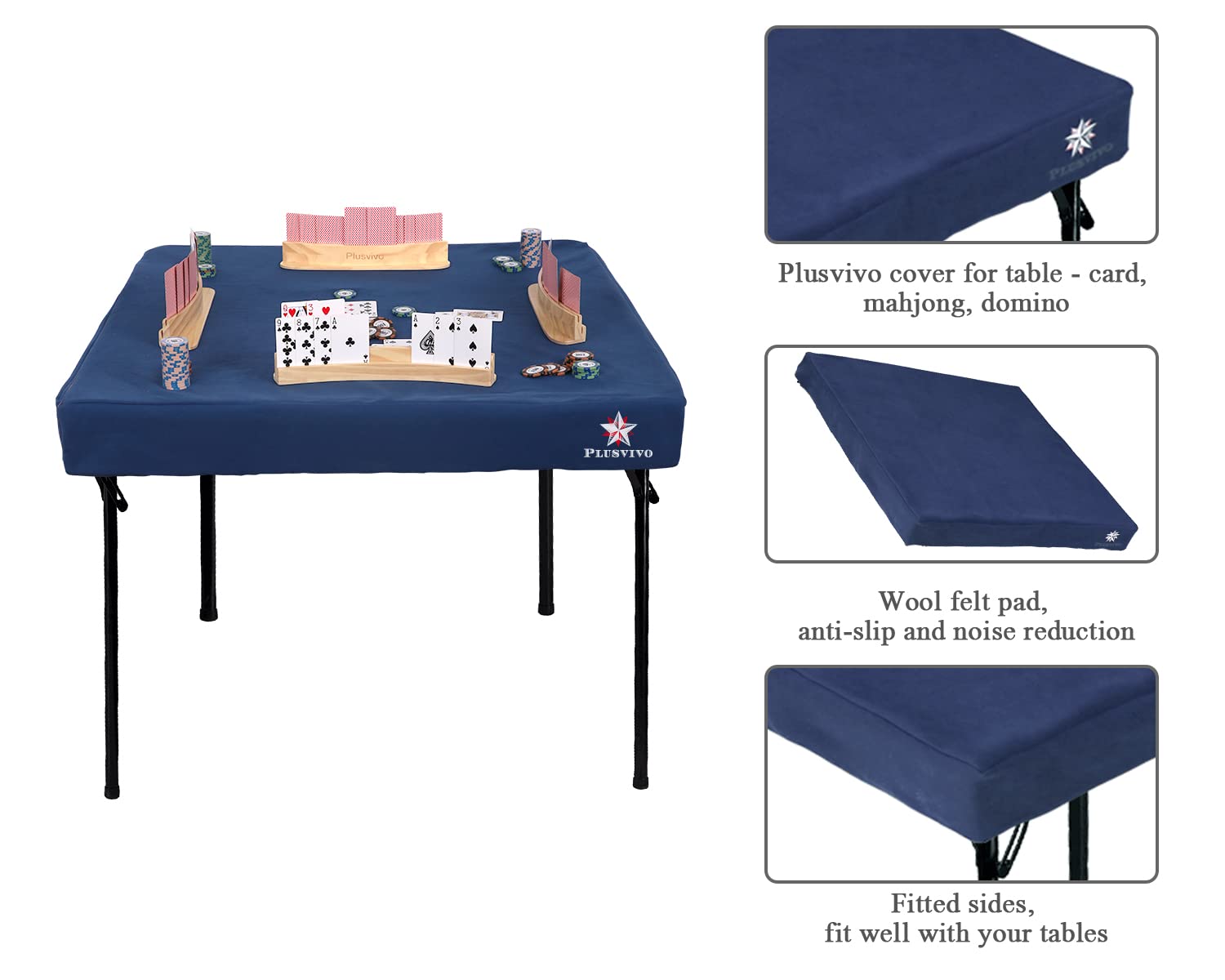 plusvivo Card Table Cover, Mahjong Table Cover Machine Washable Felt Game Table Cover- for Poker, Mahjong, Bridge, Board Game Tablecloth(36" x 36" Blue)
