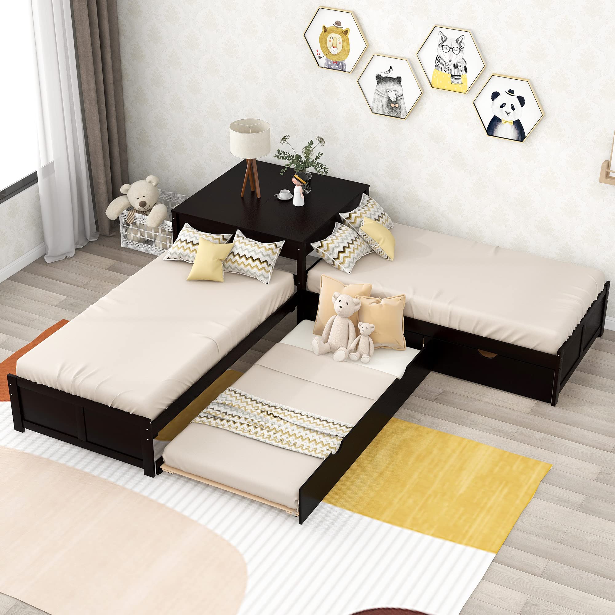 Harper & Bright Designs L-Shaped Platform Bed with Trundle, Wooden Corner Daybed with Storage Drawers and Desk, 3 Beds for Kids Teens Bedroom Furniture (Twin, Espresso)