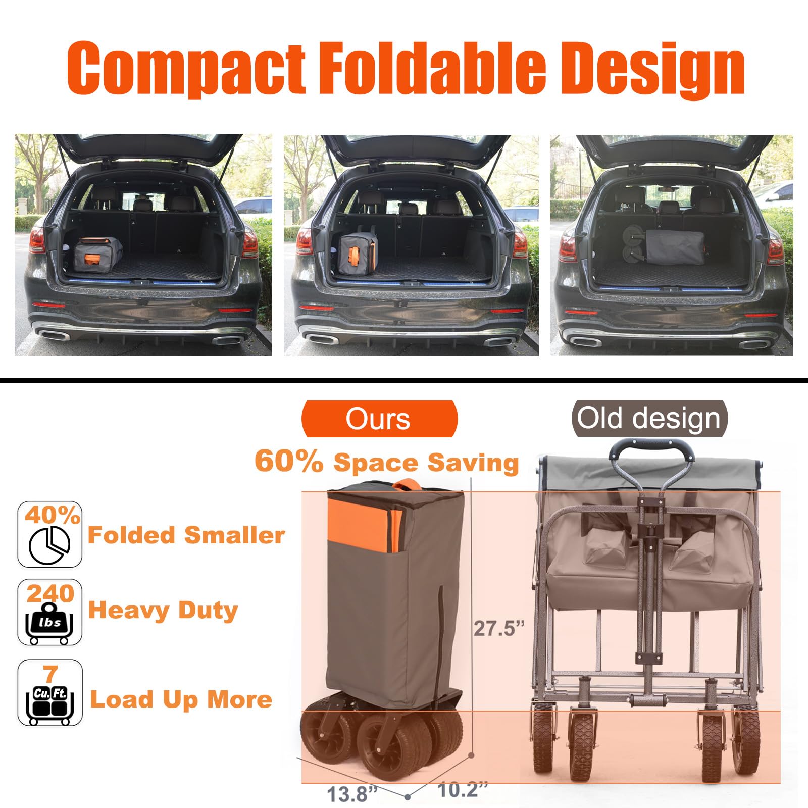 Aimnny Heavy Duty Folding Wagon with Canopy, Collapsible Outdoor Utility Wagon, Compact Garden Cart, Portable Cart with Oversized Bed and Small Folding Size, All Terrain Wheels with Brakes, Grey