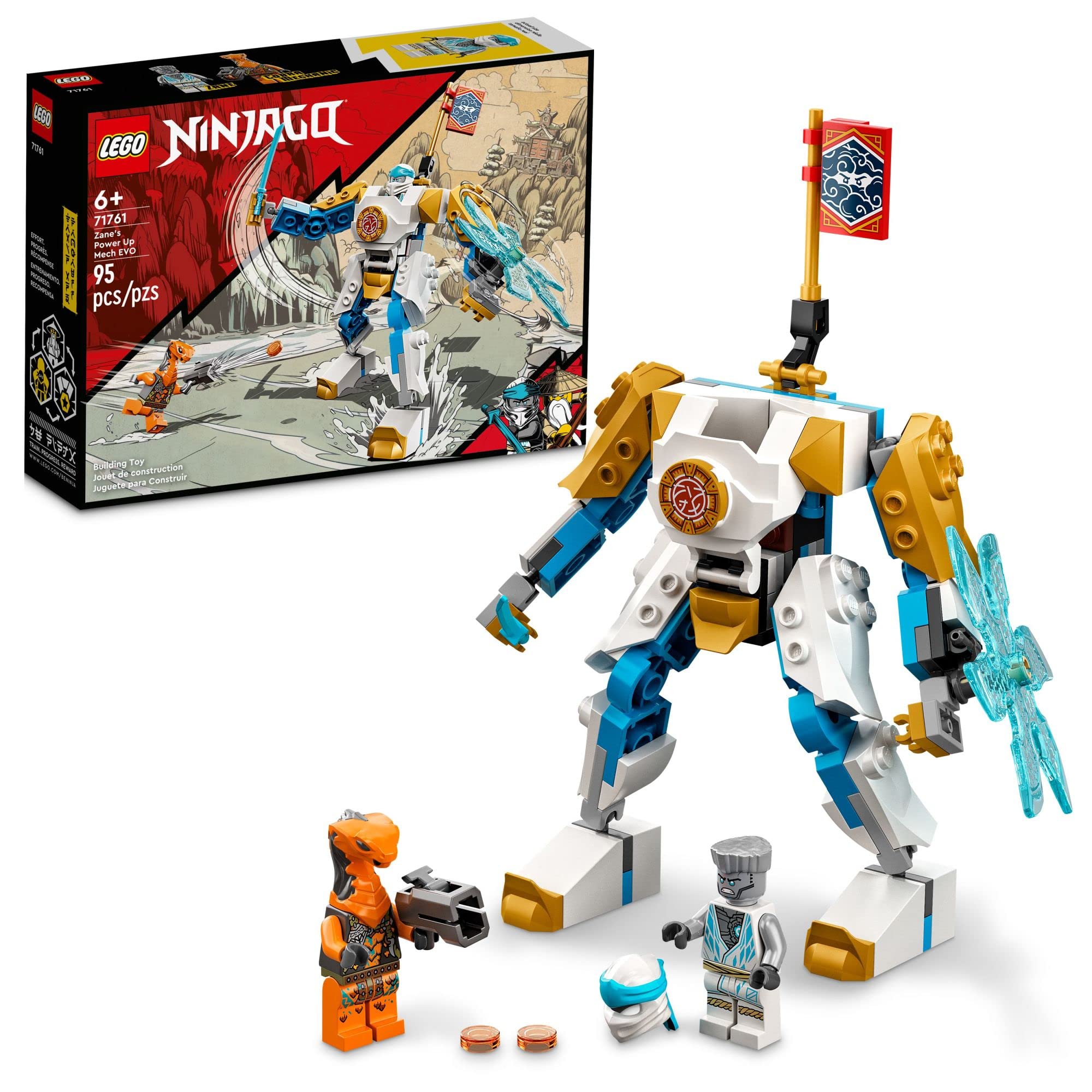 LEGO NINJAGO Zane’s Power Up Mech EVO Action Figure with Cobra Snake and Zane Minifigure, 71761 Collectible Mission Banner Series, Ninja Toys for Kids