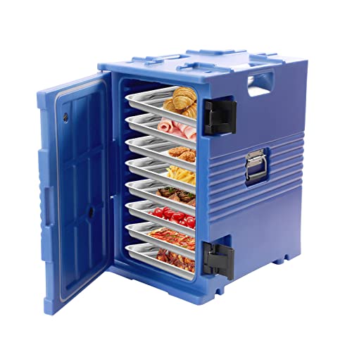GDAE10 End-Loading Insulated Food Pan Carrier,82Qt/90L Hot Box for Catering, PE Food Box Carrier One-Piece Buckle, Front Loading Food Warmer w/Handles&Wheels, for Restaurant, Canteen, Blue