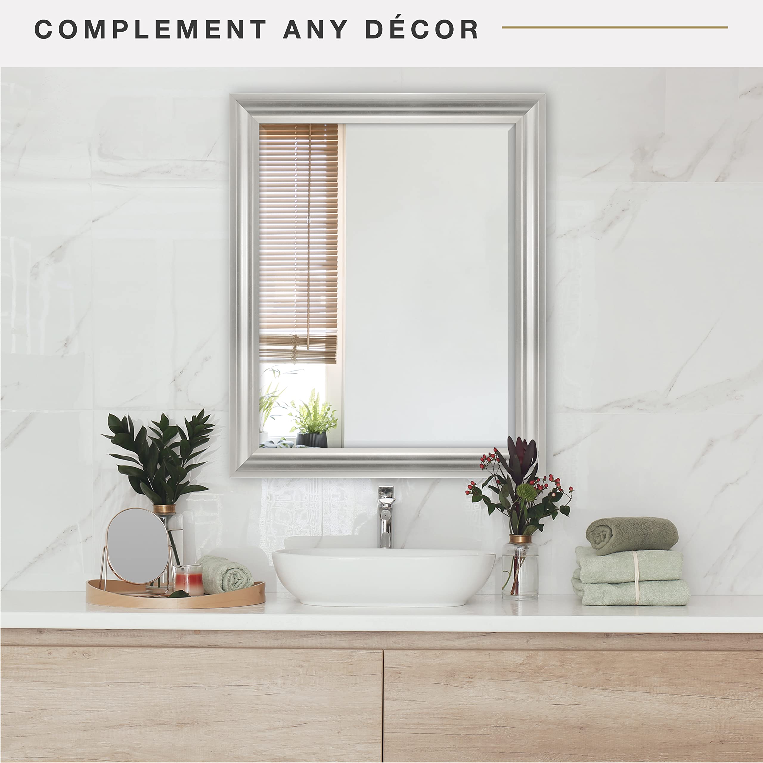 MCS Large Wall Mirror, Modern Rectangle Mirror Home Decor for Living Room, Bedroom, or Bathroom, 26.5 by 32.5 Inch, Brushed Silver