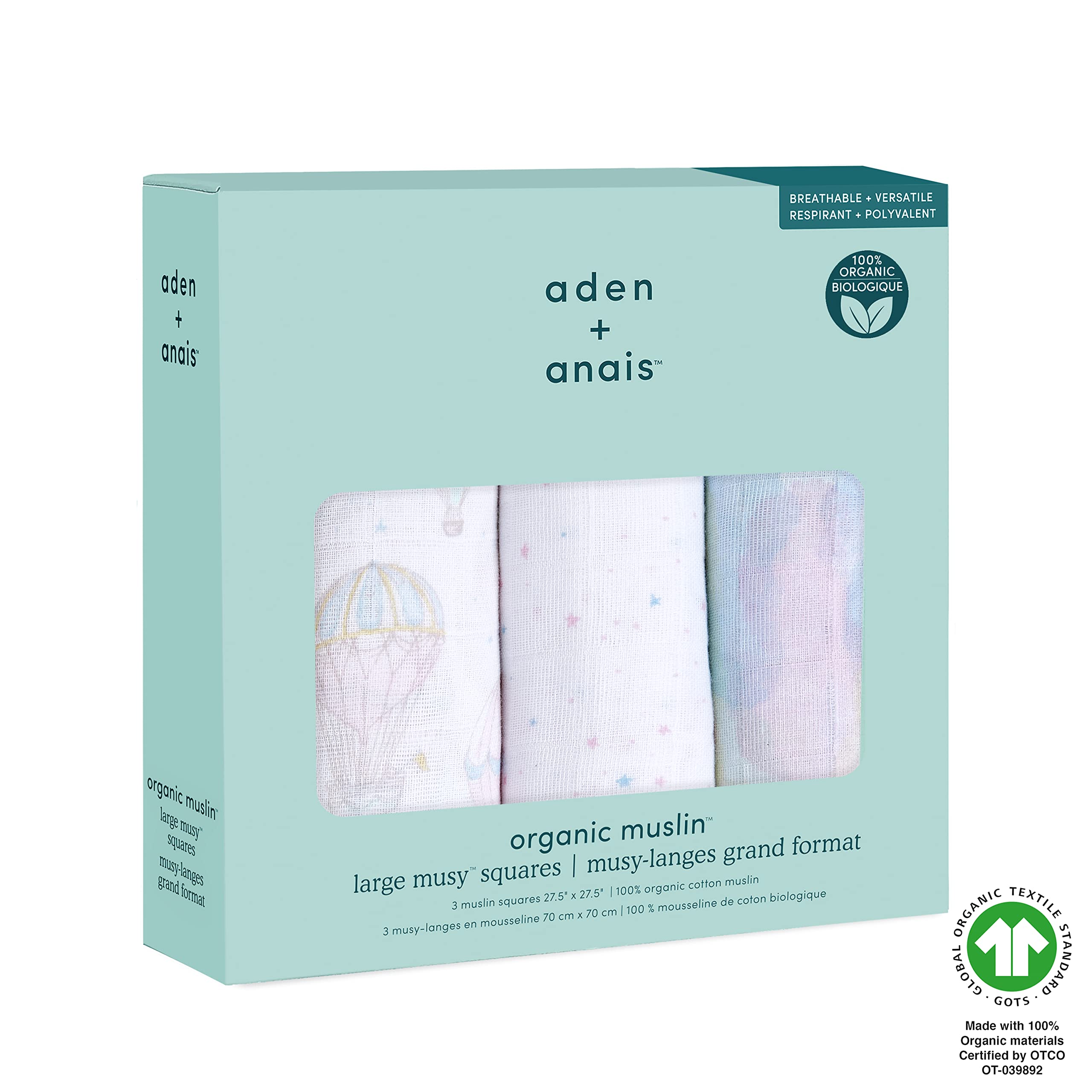 aden + anais Luxury Utility Squares, 100% Organic Cotton Muslin, Light and Breathable Essential for Carry Bag, 3 Pack, Above The Clouds