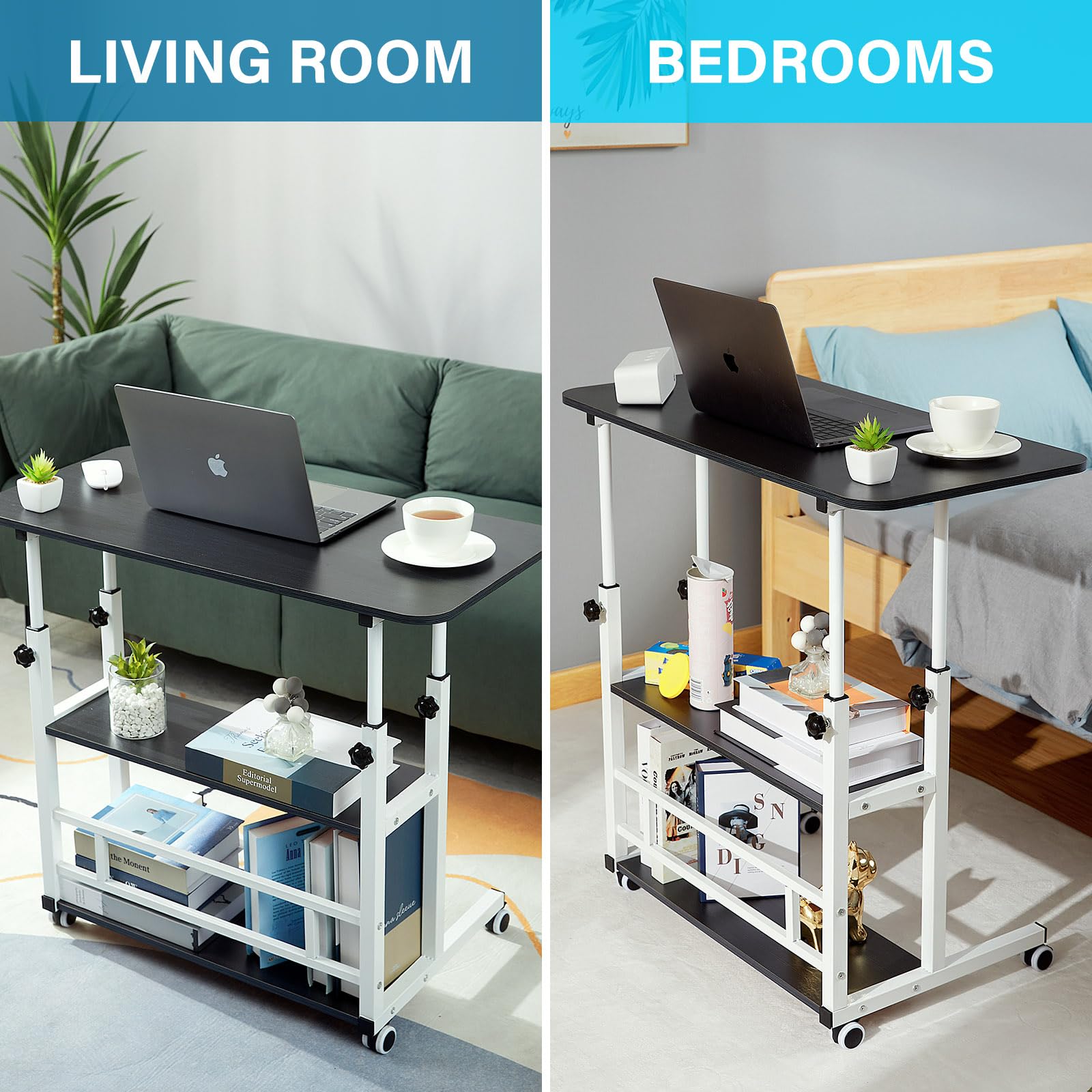 BYMECOST Adjustable Height Student Computer Desk, Mobile Portable Laptop Table for Home Office, 31.5" Small Spaces Standing Desk with Storage for Bedside Study Work Game on Wheels