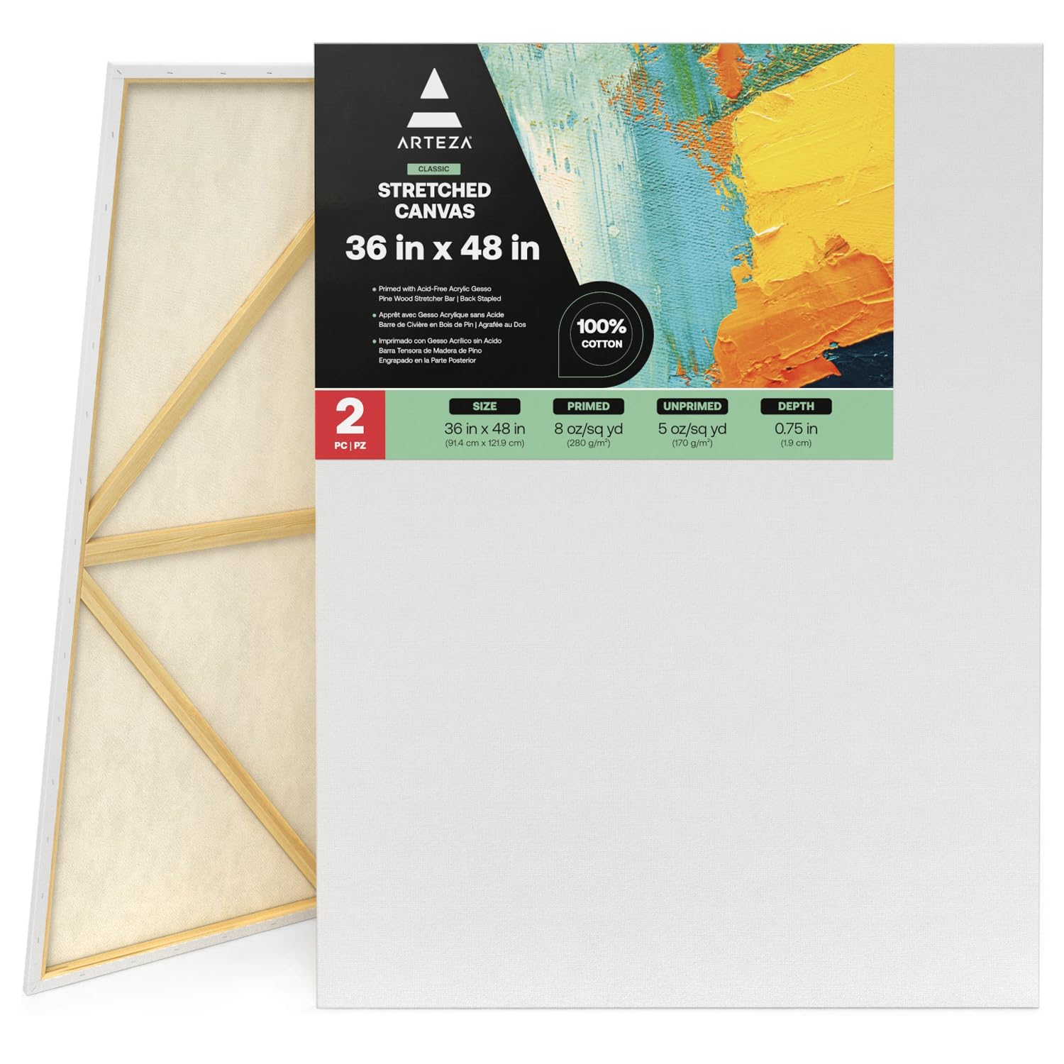 ARTEZA Stretched Canvas, 36 x 48 Inches, Pack of 2, Blank White Large Canvas for Painting for Acrylic, Oil and Gouache Paints