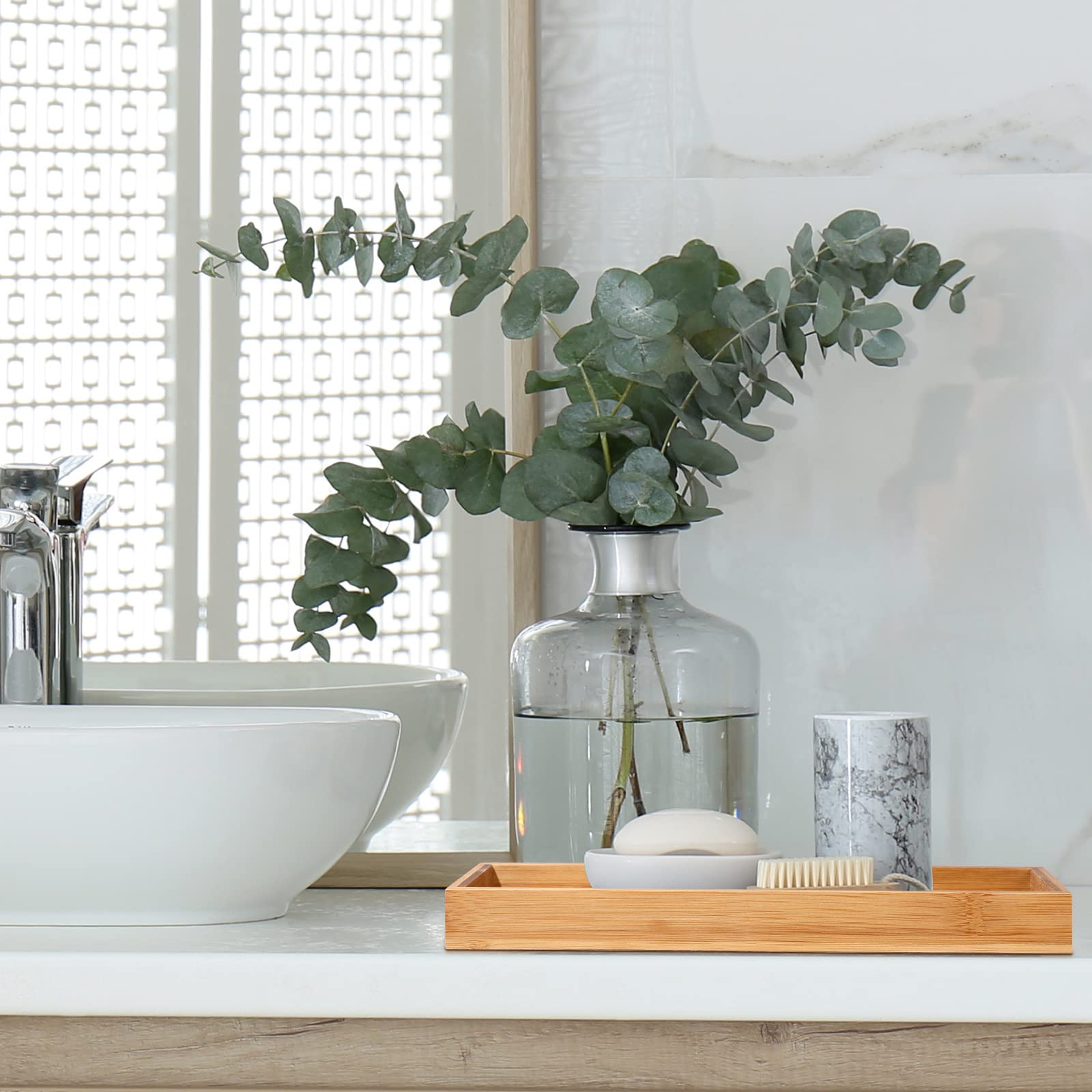 Bamboo Tea Serving Tray 3 Pcs Decorative Multi Use Bathroom Counter Tray with Edges Bamboo Vanity Tray for Dresser Counter Food Coffee Tea Snack Tissues Candles, 11 x 4 Inch