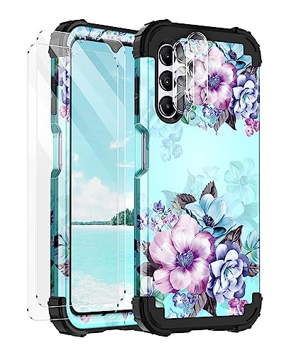 Casetego for Galaxy A14 5G Case,[2 Pack Tempered Screen Protector+2 Pack Camera Lens Protector],Floral Three Layer Heavy Duty Sturdy Shockproof Full Body Protective Case for Samsung A14,Blue Flower