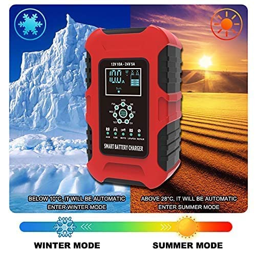 ATian 10-Amp Battery Charger, 12V/10A 24V/5A Smart Automatic Maintainer Trickle Charger with Temperature Compensation for Car Motorcycle Lawn Mower Lear-Acid AGM LiFePO4 Battery