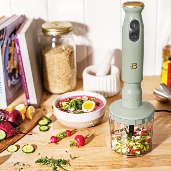 Beautiful 2-Speed Immersion Blender with Chopper & Measuring Cup, Sage Green by Drew Barrymore