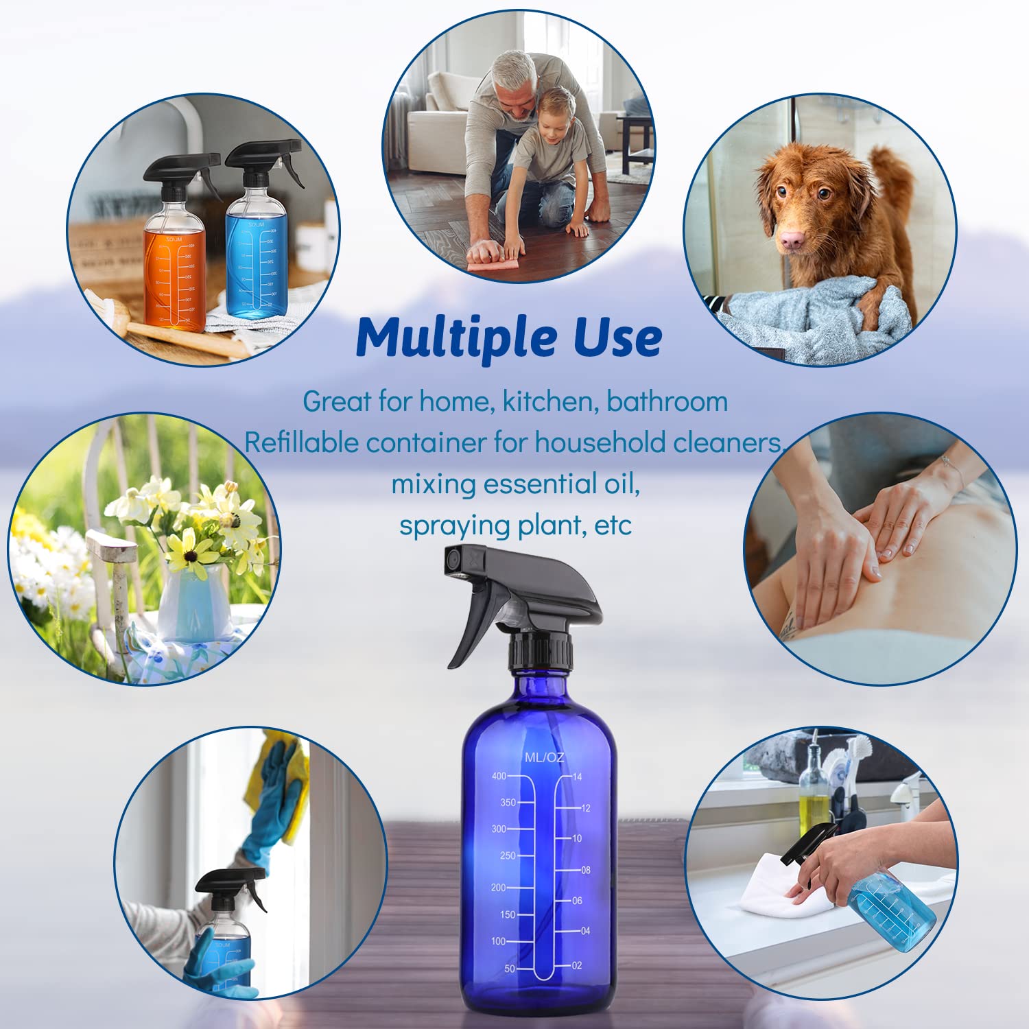 AOZITA 16oz Cobalt Blue Glass Spray Bottles with Measurements - Empty Reusable Refillable Container with Funnel and Labels for Mixing Essential Oils, Homemade Cleaning Products(2 Pack)