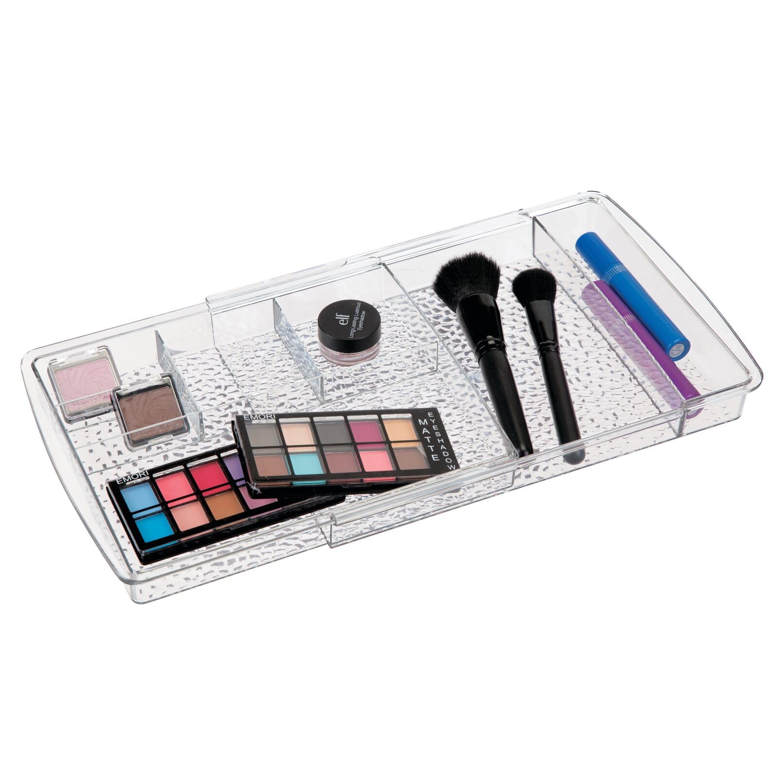 mDesign Expandable Makeup Organizer for Bathroom Drawers, Vanities, Countertops: Organize Makeup Brushes, Eyeshadow Palettes, Lipstick, Lip Gloss, Blush, Concealer - Adjustable Width - Clear