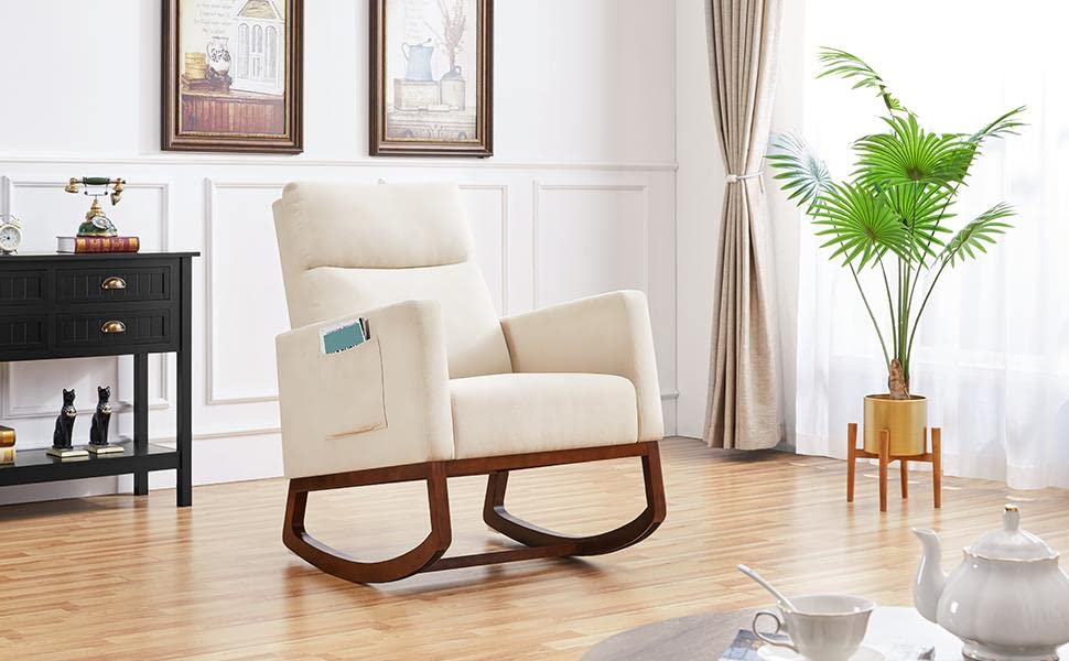 Yaheetech Rocking Chair Nursery,Glider Chair Modern Accent Chair with Side Pocket Living Room High Back Armchair for Living Room Lounge, Beige