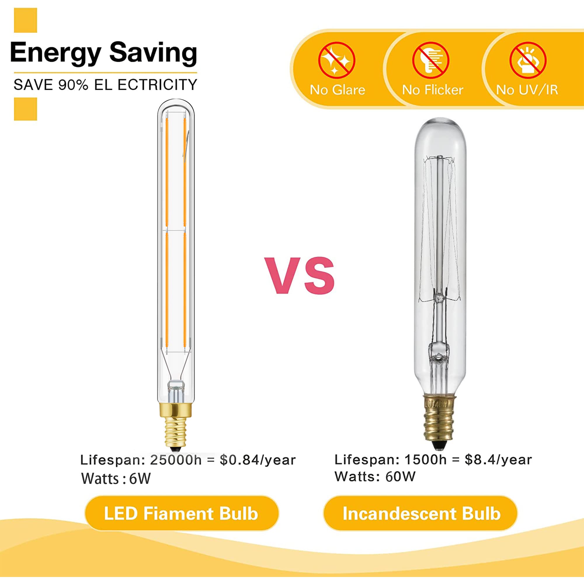 E12 Long Tubular Light Bulbs,6W Led Edison Bulbs Soft White 3000K,750lm,7.3Inch,75Watt Candelabra Incandescent Bulbs Equivalent Vintage LED Filament Edison Candle Bulbs,6Pack.