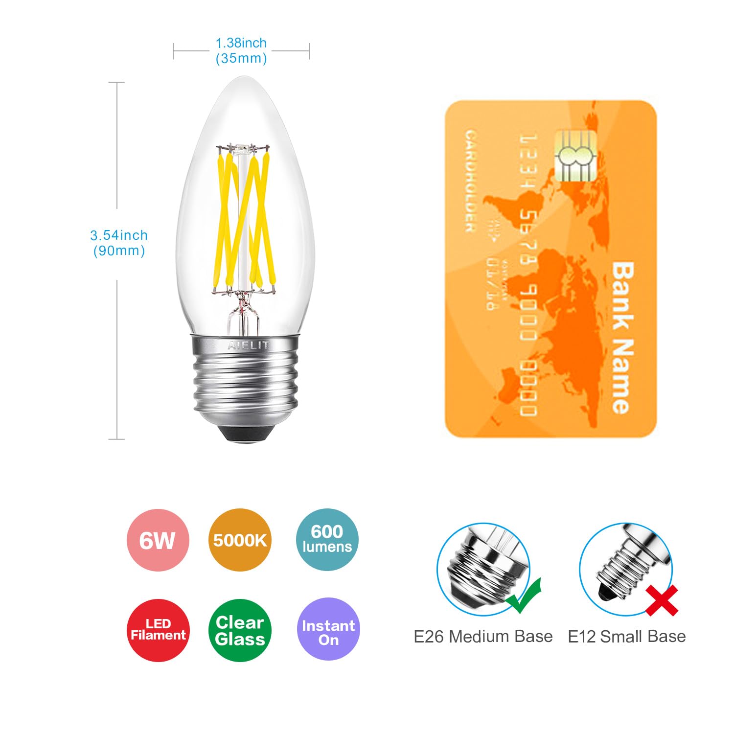 AIELIT E26 Candelabra LED Bulbs Daylight, Dimmable Bright White 5000K, 6W B11 Candle Light Bulb 60 Watt Equivalent for Bathroom Vanity Dining Living Room Kitchen Chandelier Pendant Lights, 4-Pack