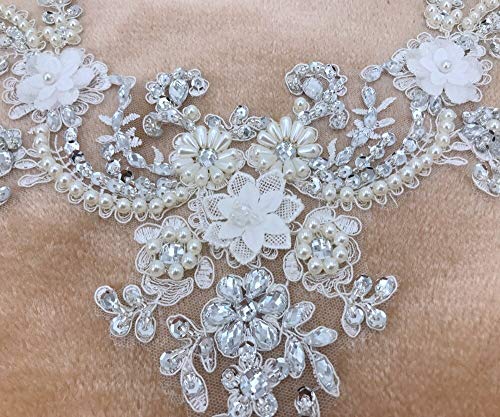 wtbv.n Handmade Crystal Peal Patches Sequins Rhinestones Ivory lace Trim Applique 38 * 28cm for Dress Skirt