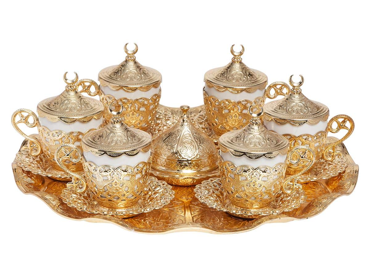 Alisveristime 27 Pc Turkish Greek Arabic Coffee Espresso Cup Saucer Set (Gelincik) (Gold)