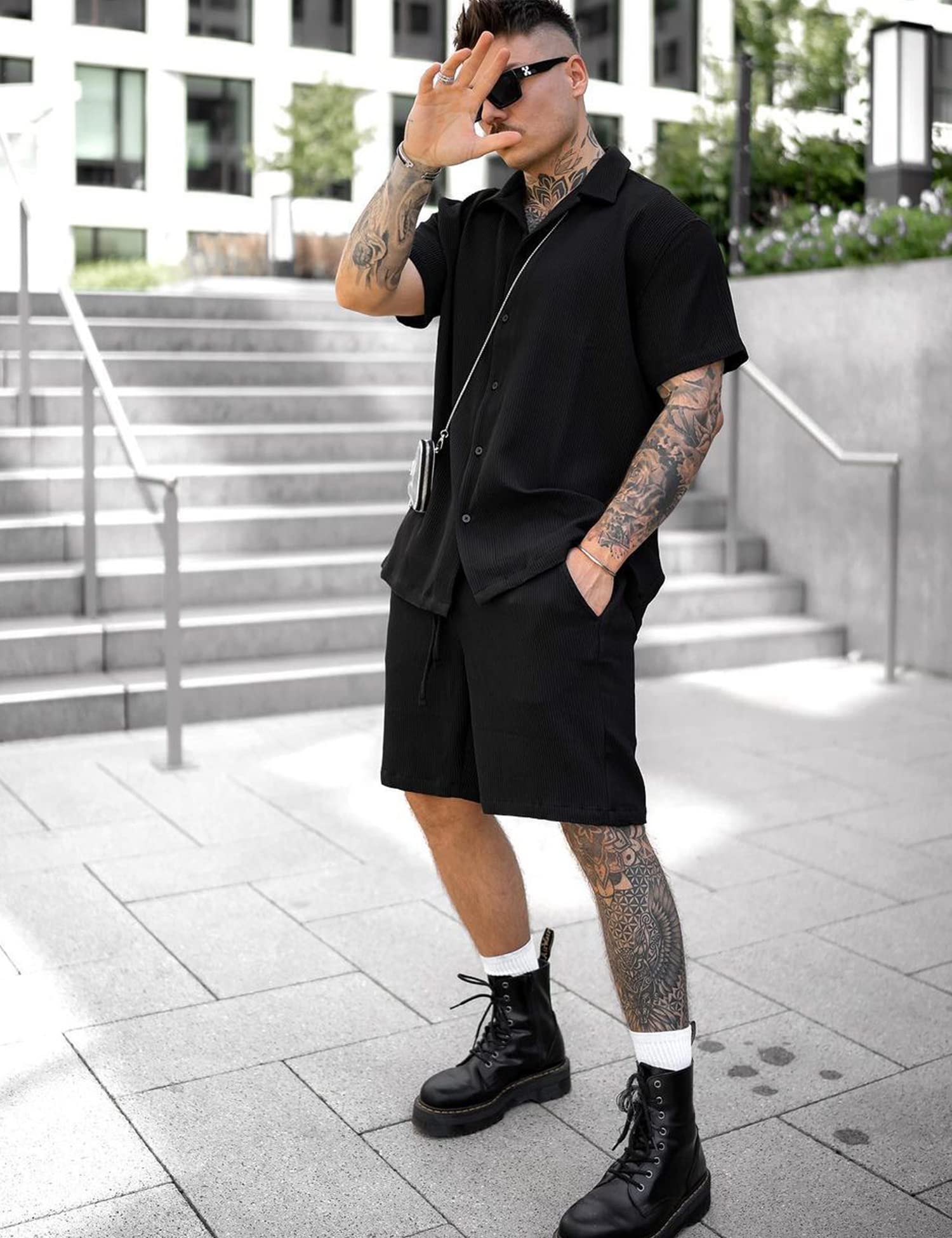 AstoSeu Mens Shirt Set Casual Button Down Shirts Short 2 Piece Shorts Tracksuit Set Black L