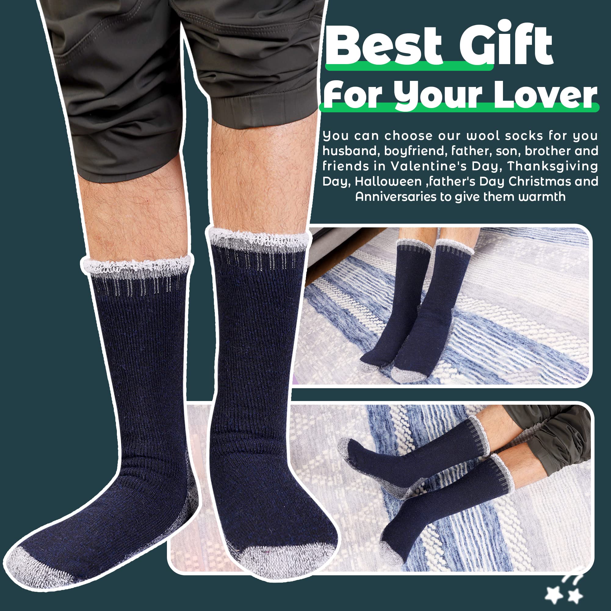 AMENLAN Men Merino Wool Socks Soft Cozy Warm Thermal Thick Hiking Heavy Work boot Winter Crew Socks 5 Pack (4 Pairs Color)