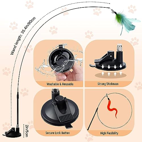 Cat Feather Toys, Interactive Cat Wand Toys with Super Suction Cup, Detachable 6 PCS Feather Refills Tail Bird Feathers with Bell, Cat Teaser Wand for Indoor Cats Kitten Play Chase Exercise (Set 1)