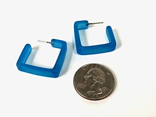Aqua Blue Frosted Lucite Acrylic Square Hoop Earrings - SQH-BL-1