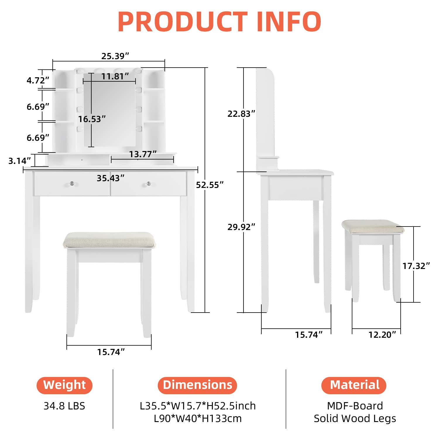 AODAILIHB Vanity Desk with Mirror and Lights, 35" Makeup Vanity Dressing Table with Vanity Stool/2 Drawers/Open Shelves/3 Color Lighting Modes & Brightness Bedroom Furniture (White)