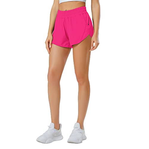 Aurefin Athletic Shorts , Women's Quick Dry Running Track Workout Active Shorts with Elastic and Zip Pocket 2.5 inch HOT Pink/S