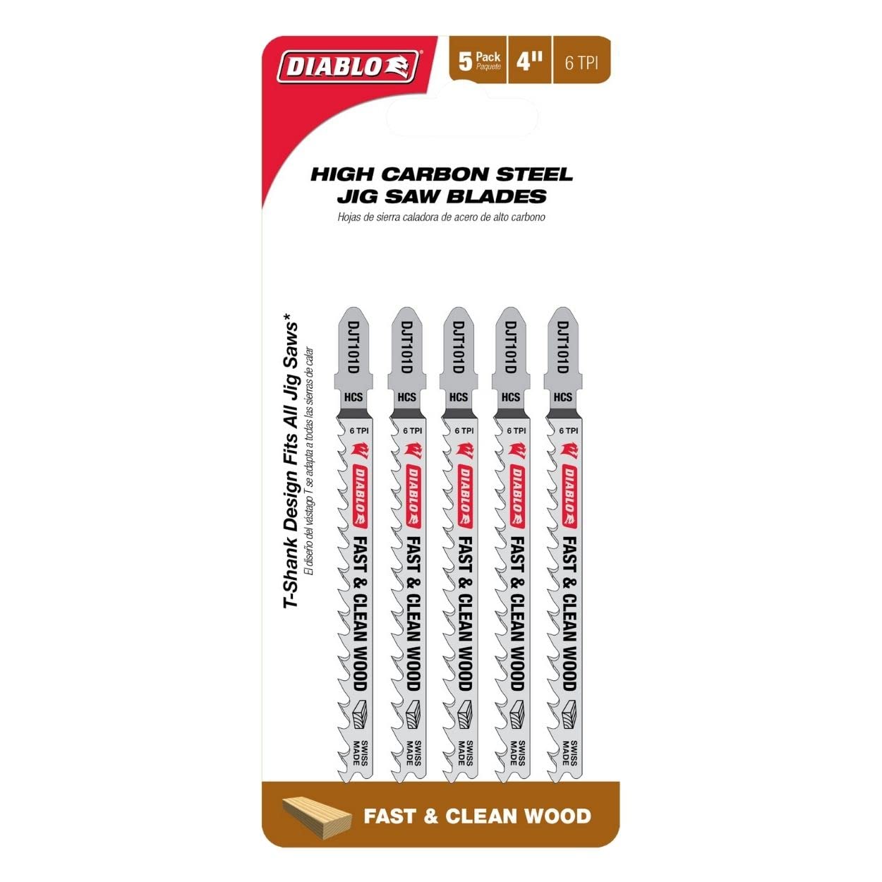 Diablo - DJT101D5 4" 6 TPI Carbon Steel T-Shank Jig Saw Blades Fast Cuts in Clean Wood 5-Pk