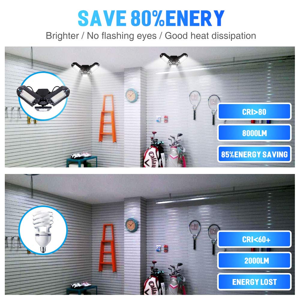ALUOCYI Led Garage Light with Remote Control, 80W Deformable Garage Light with 3 Adjustable LED Panels, 8000 Lumens, 6500K Daylight, E26/E27 Super Bright Bulb for Warehouse, Barn, Workshop, Yard