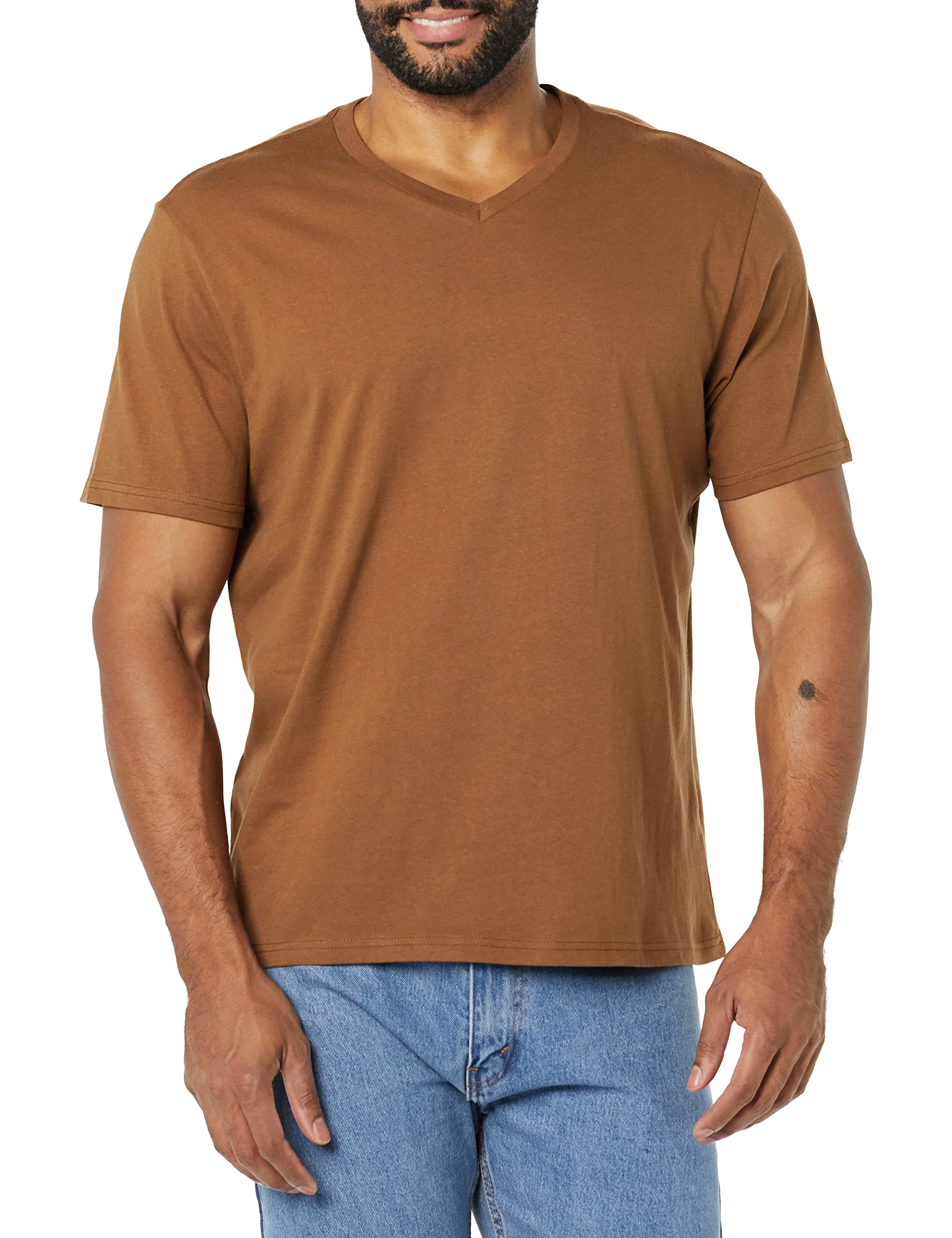 Amazon Essentials Men's Slim-Fit Short-Sleeve V-Neck T-Shirt, Pack of 2, Black/Brown, Large